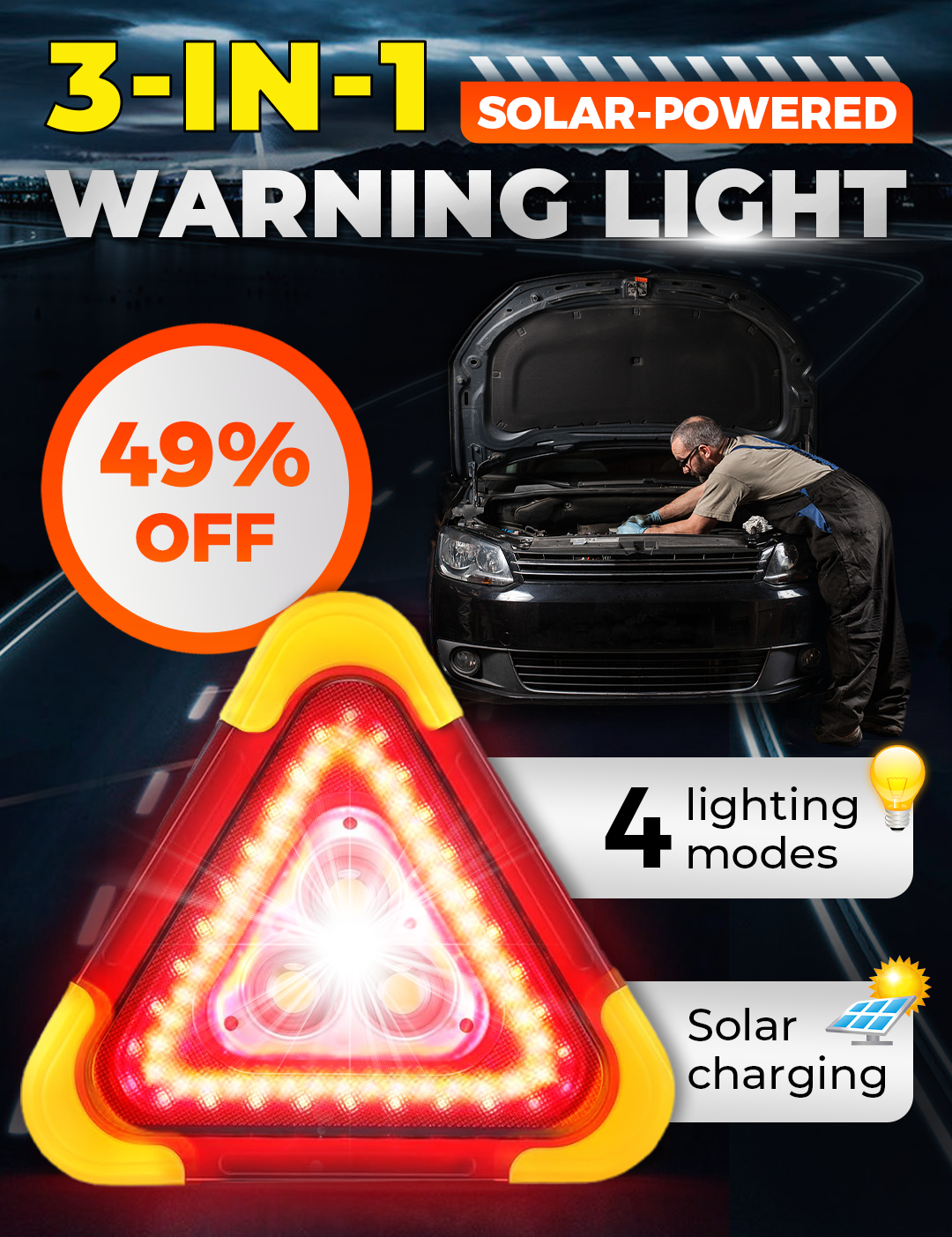 🔥3-IN-1 Solar Emergency Triangle Warning Light at the Roadside – israelwind